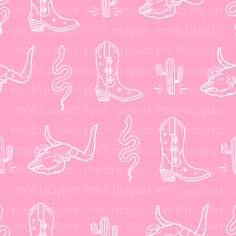 Pink Western Cowboy Snake Seamless Pattern | Cactus, Cowboy, Bull Skull, Sunflower, Rodeo ...