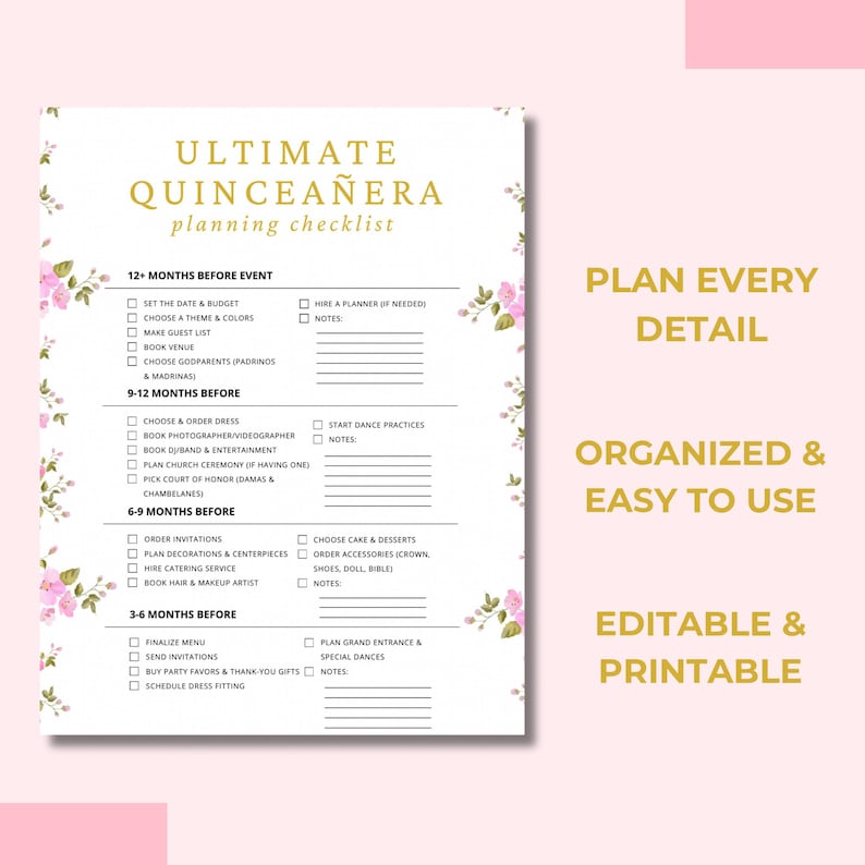Quinceañera Planner Template Checklist for Event Planning Editable ...