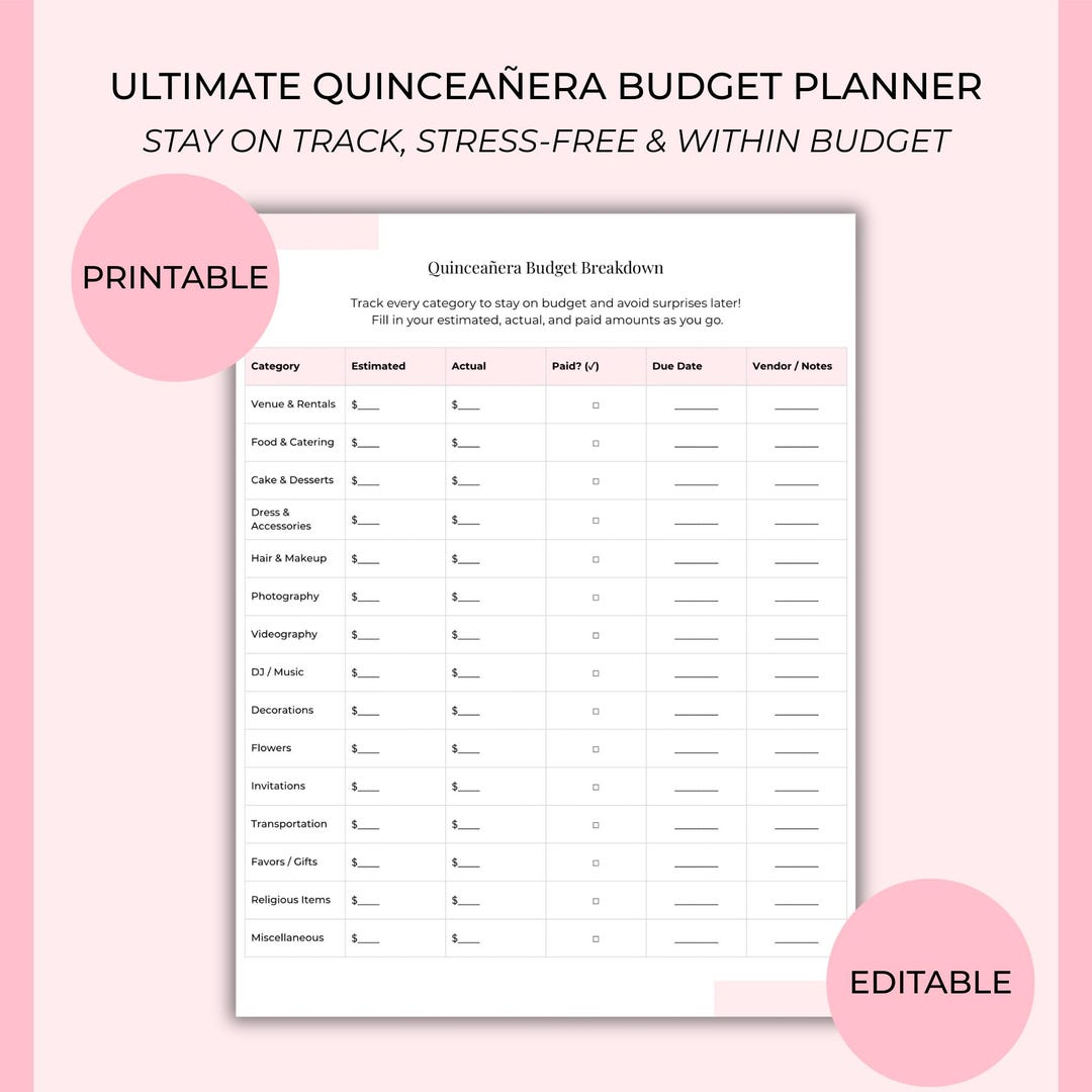 Ultimate Quinceañera Budget Planner XV Expense Tracker Digital Quince ...