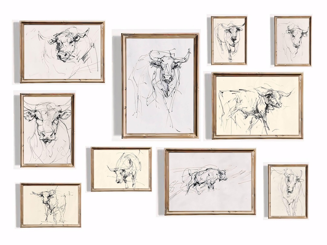 10 Bull Sketch Wall Art Pack - Sleek Line Bulls Poster - Minimal Ox ...