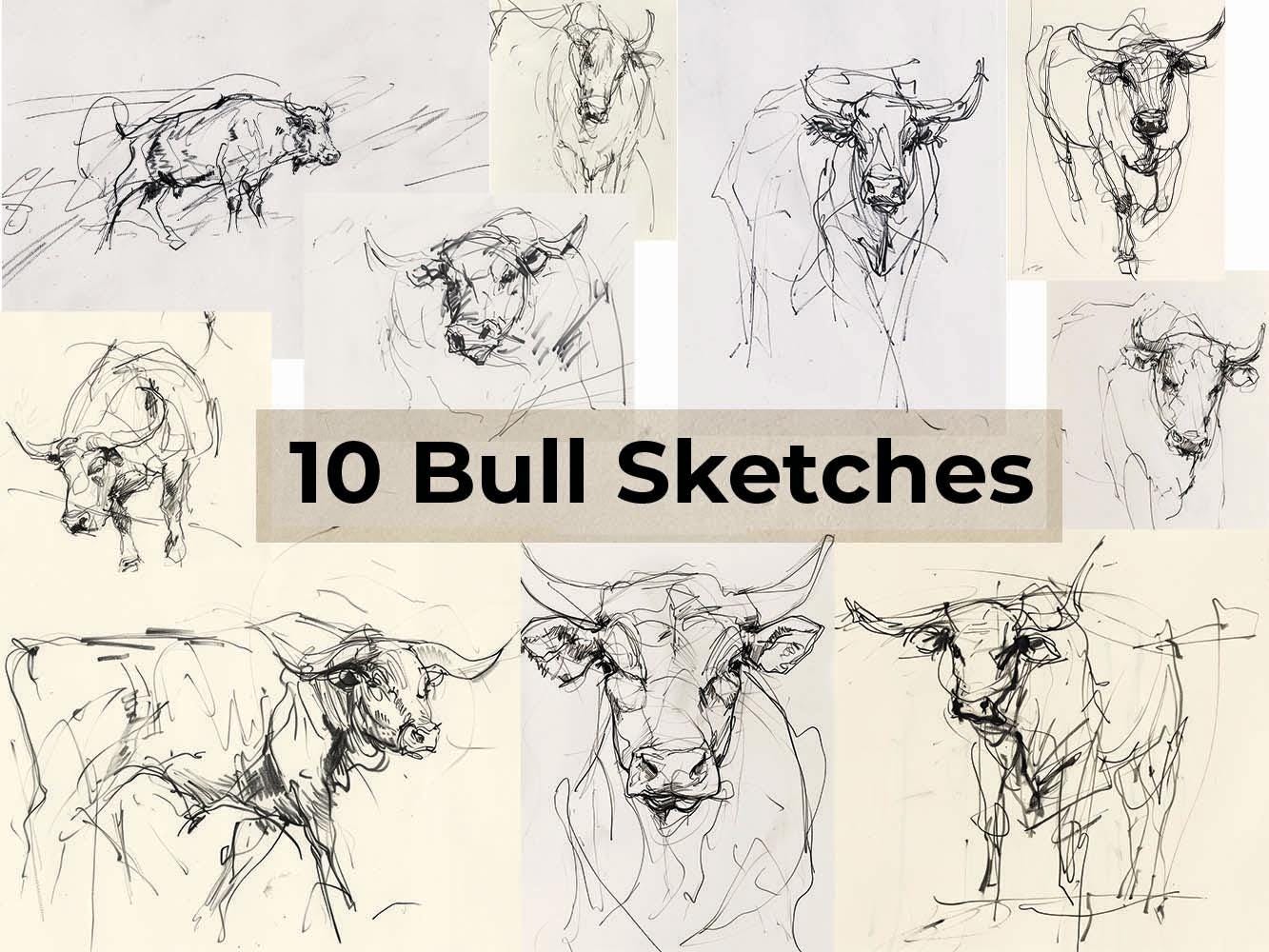 10 Bull Sketch Wall Art Pack - Sleek Line Bulls Poster - Minimal Ox ...