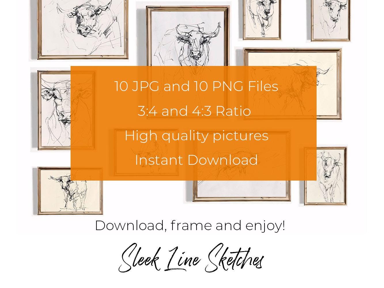 10 Bull Sketch Wall Art Pack - Sleek Line Bulls Poster - Minimal Ox ...