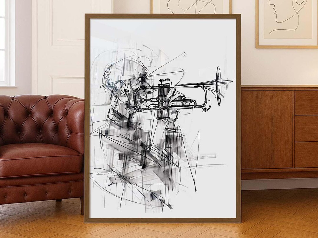 Abstract Trumpeter Wall Art – Trumpet Player Music Sketch Print ...
