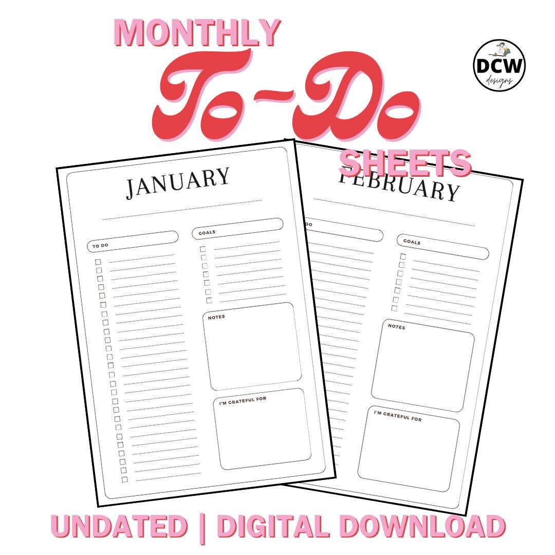 Monthly To-do Sheets | Undated | Digital Download PDF - Etsy