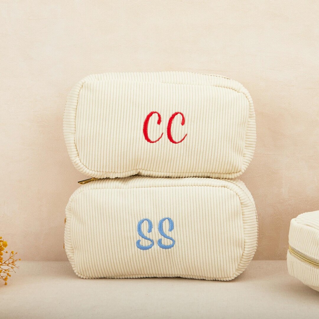 Personalized Flannel Makeup Bag, Embroidered Initials Cosmetic Case ...