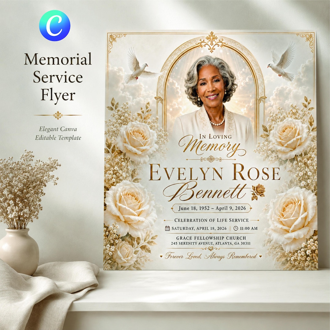 Funeral Flyer Canva Template, 8x8 Memorial Announcement, Angel Wings ...