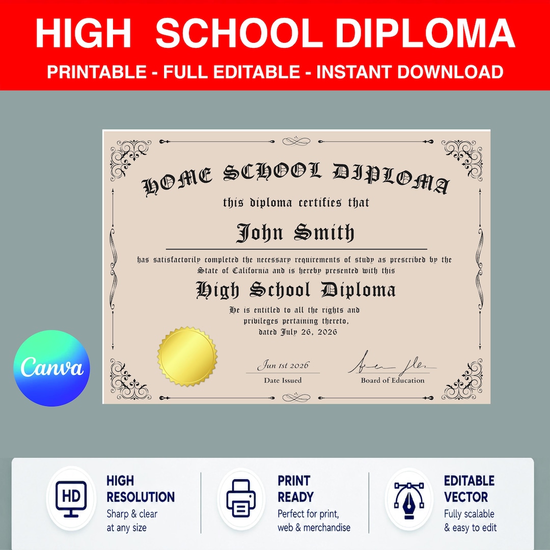 Editable Homeschool Diploma Template, Printable High School Graduation ...