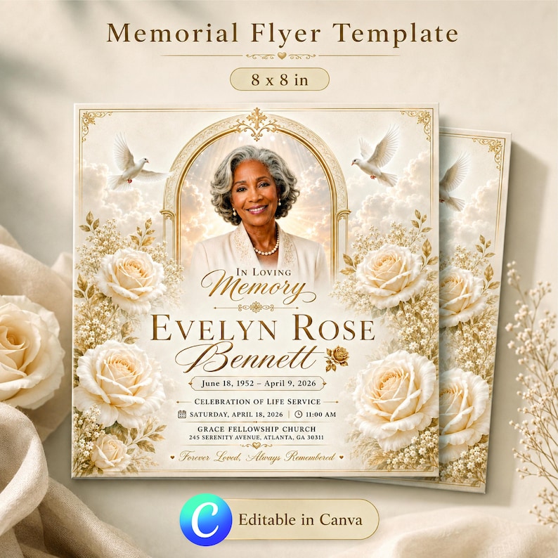 Funeral Flyer Canva Template, 8x8 Memorial Announcement, Angel Wings ...
