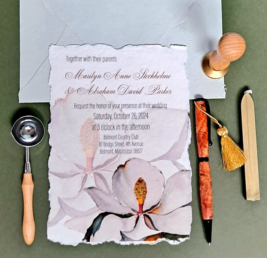 Custom Magnolia Wedding Invitations, Handmade Cotton Paper, 5 X 7 ...