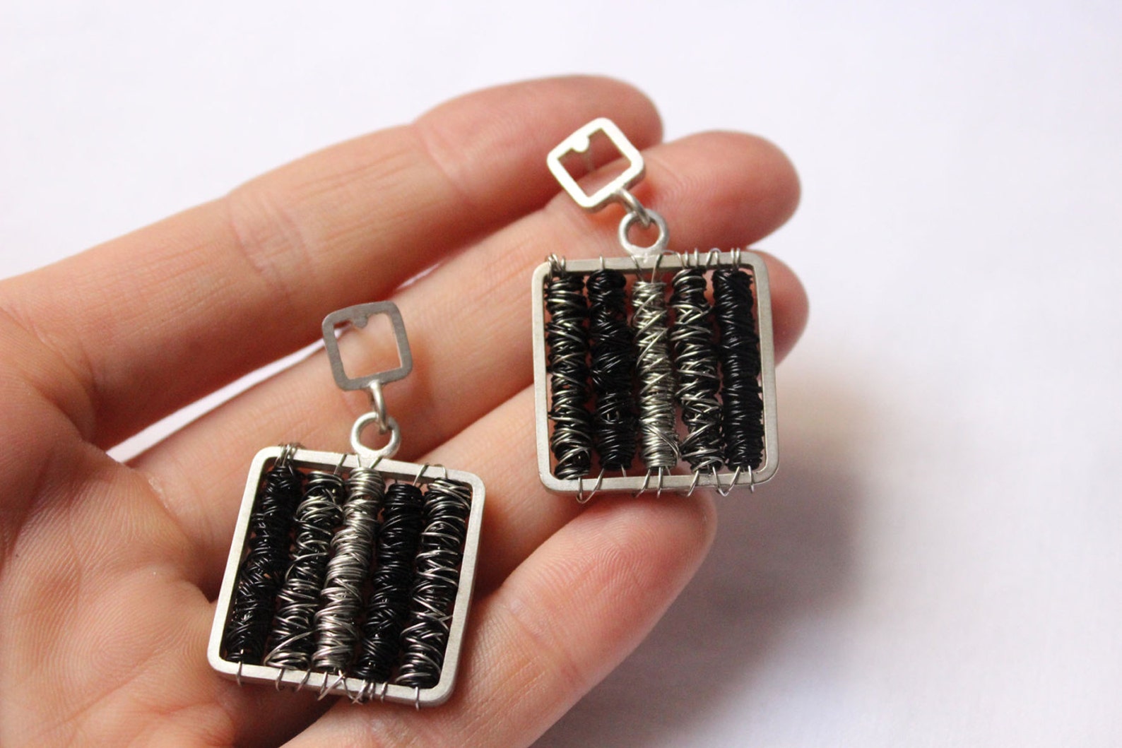Squard Tangle Earrings Black Sterling Silver and Copper Wire - Etsy