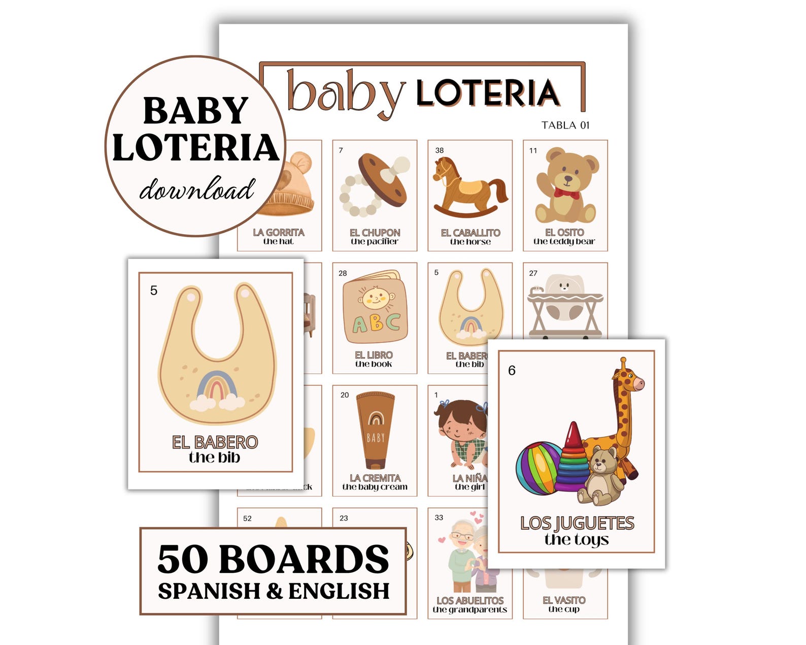 Neutral Baby Shower Loteria Game | Spanish English | 50 Boards & 54 ...