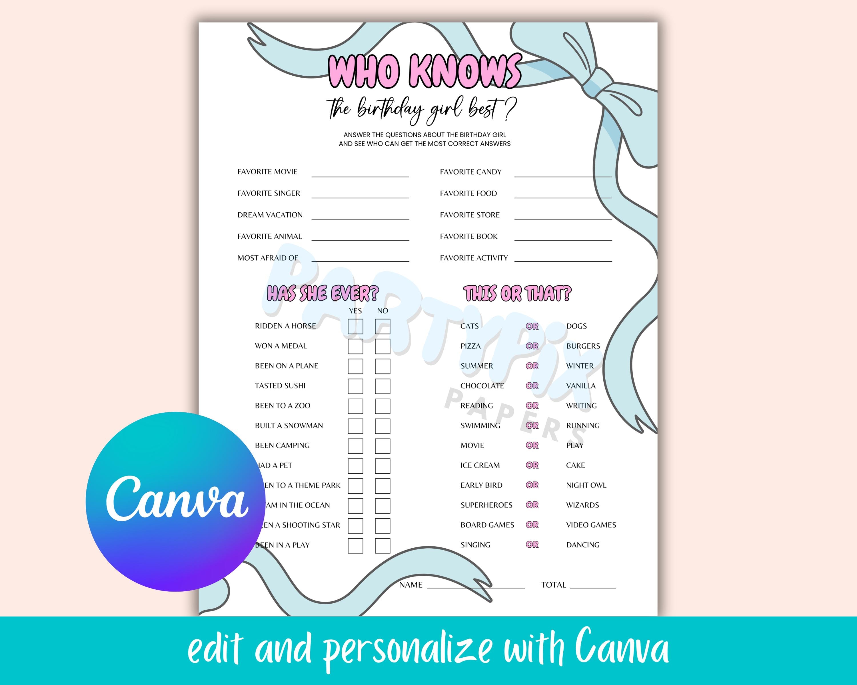 Editable Who Knows the Birthday Girl Best Canva Printable Birthday ...