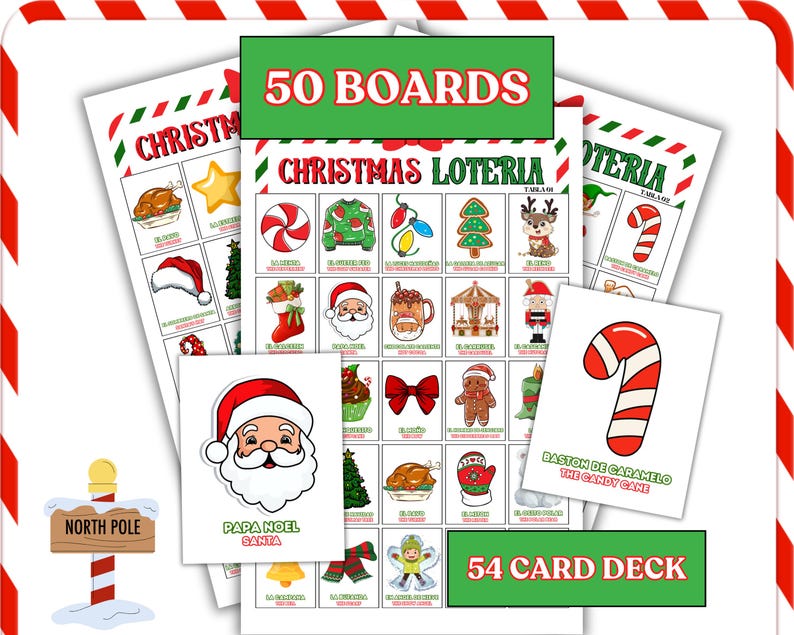 Christmas Loteria| 50 Boards/54 Card Deck| Spanish & English| Loteria ...