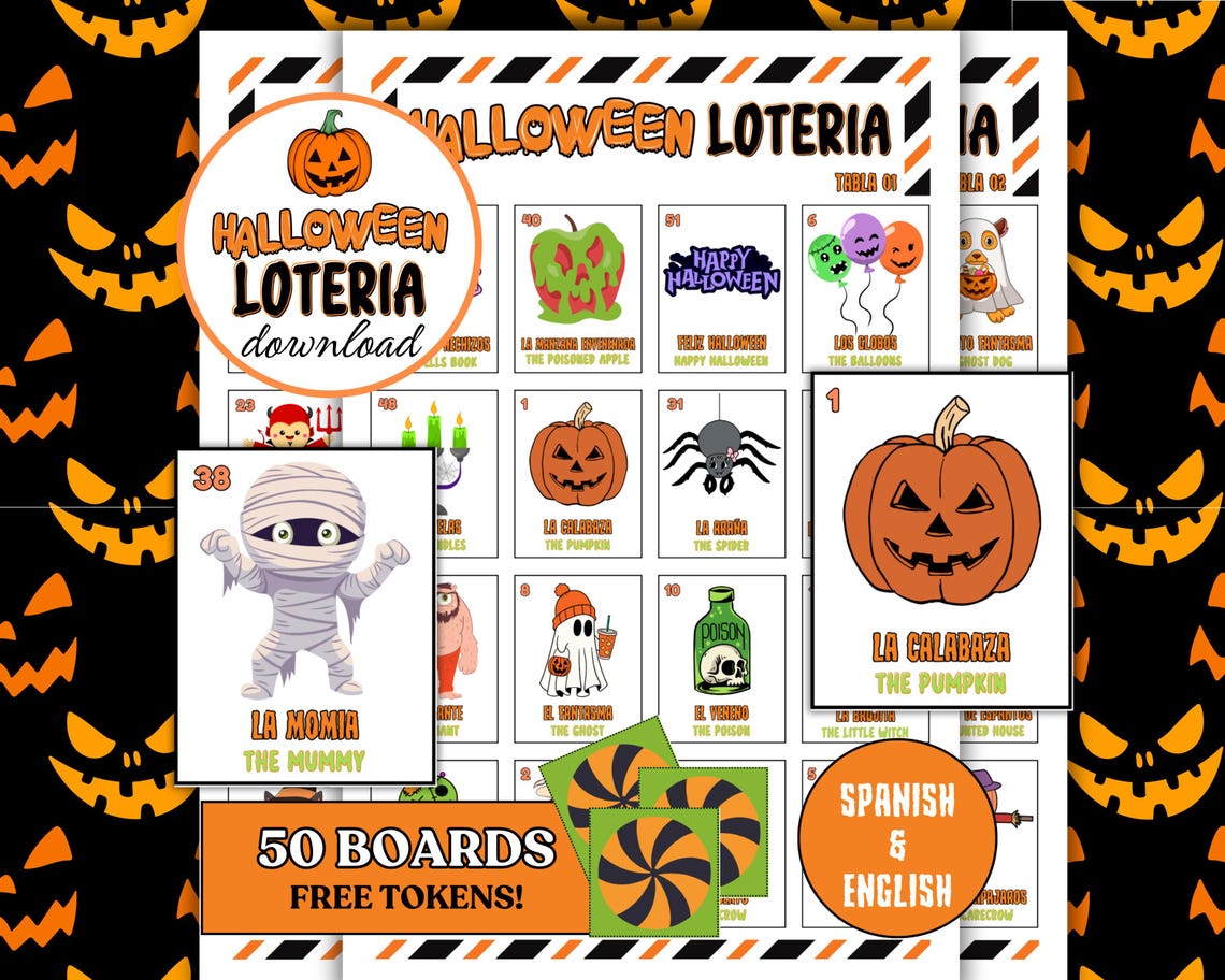 Halloween Lotería Game Bilingual Spanish & English 50 Boards 54 Card ...