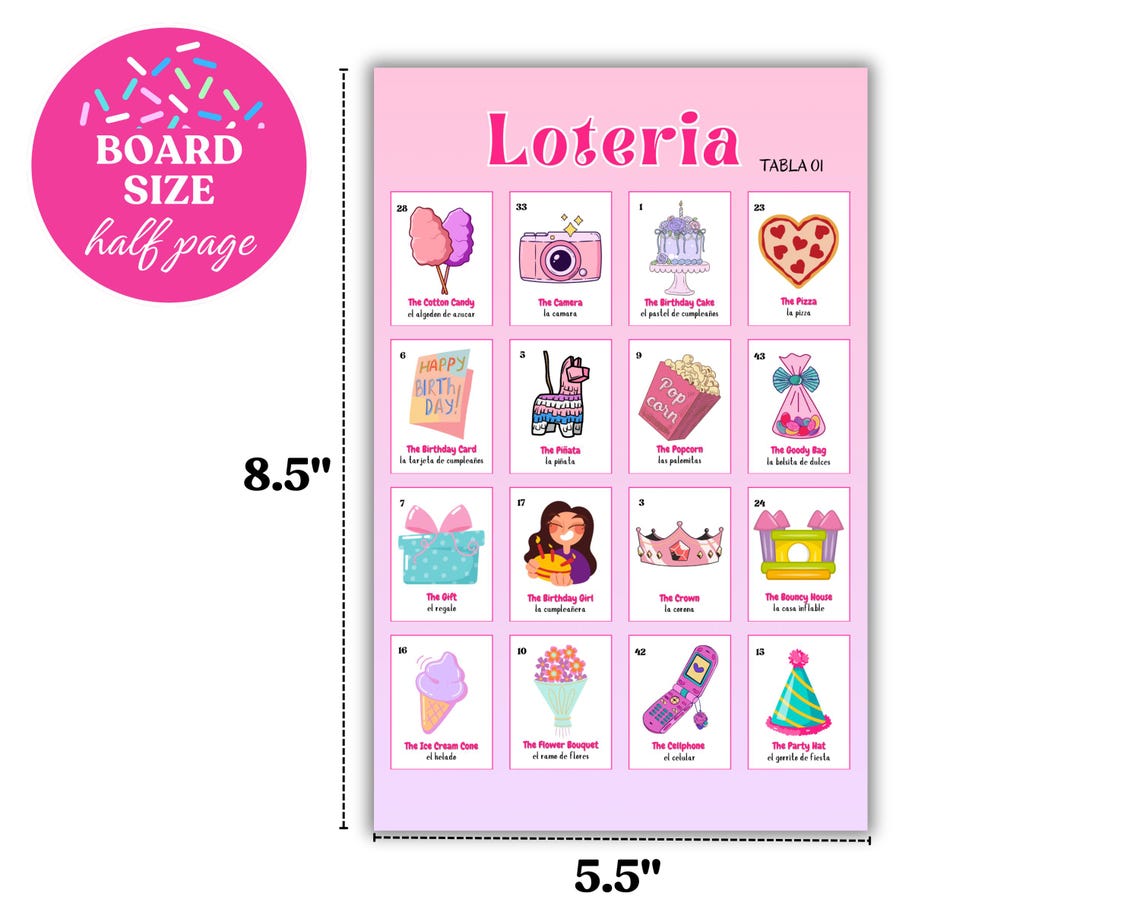Birthday Girl Loteria Game 50 Players Spanish & English 54 Card Deck 50 ...