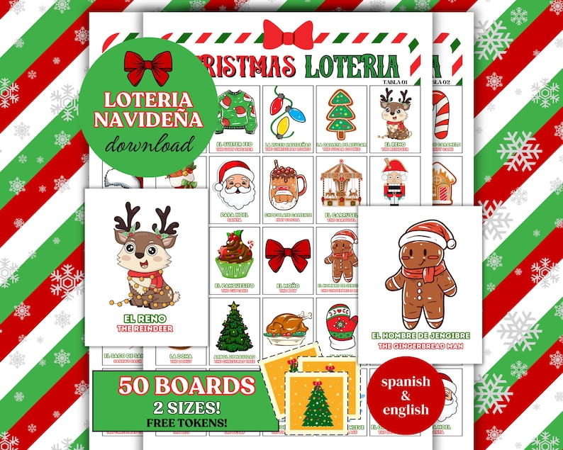 Christmas Loteria| 50 Boards/54 Card Deck| Spanish & English| Loteria ...