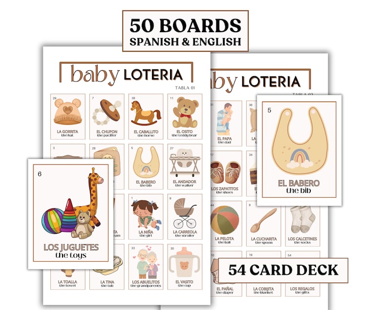 Neutral Baby Shower Loteria Game | Spanish English | 50 Boards & 54 ...