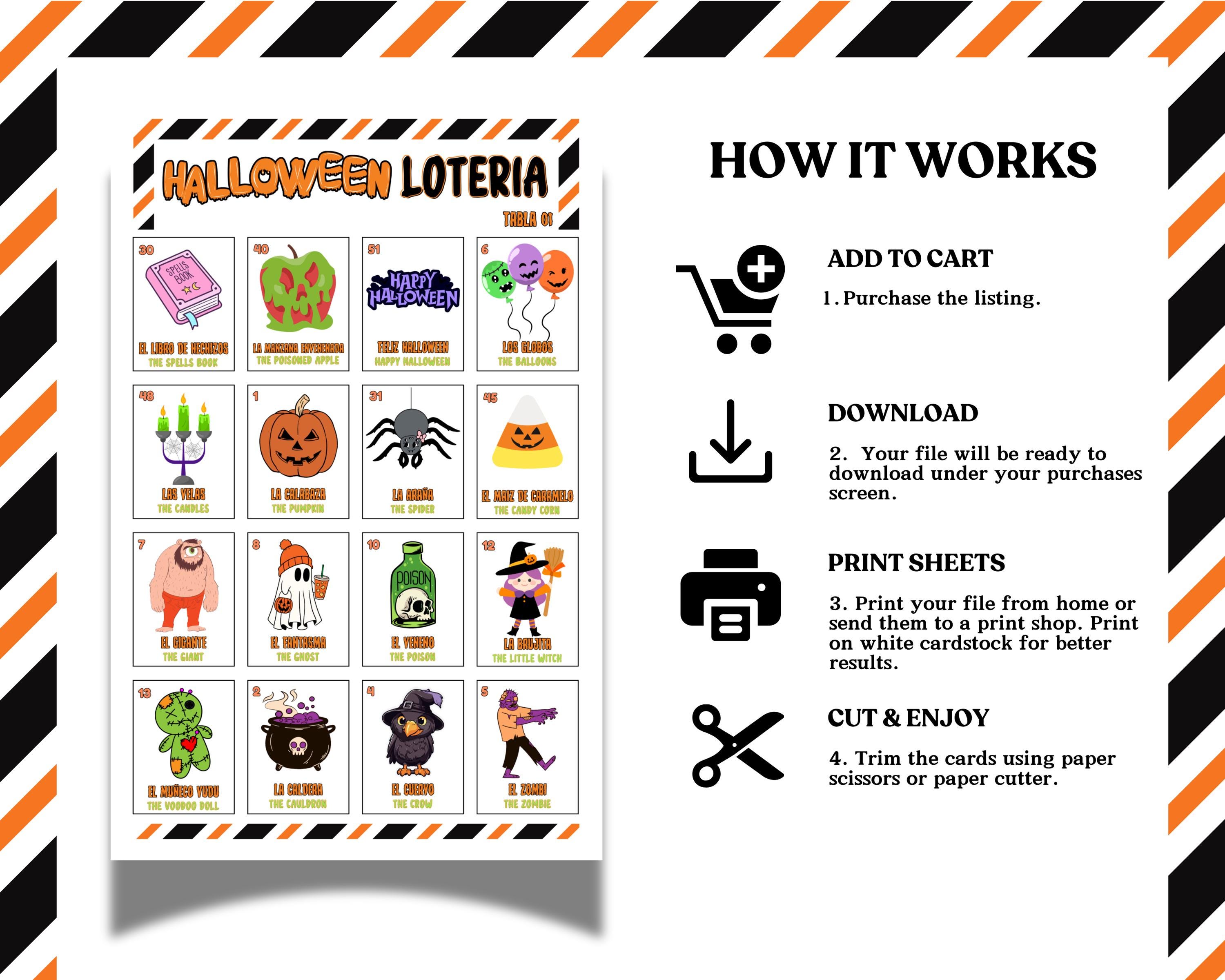 Halloween Lotería Game Bilingual Spanish & English 50 Boards 54 Card ...