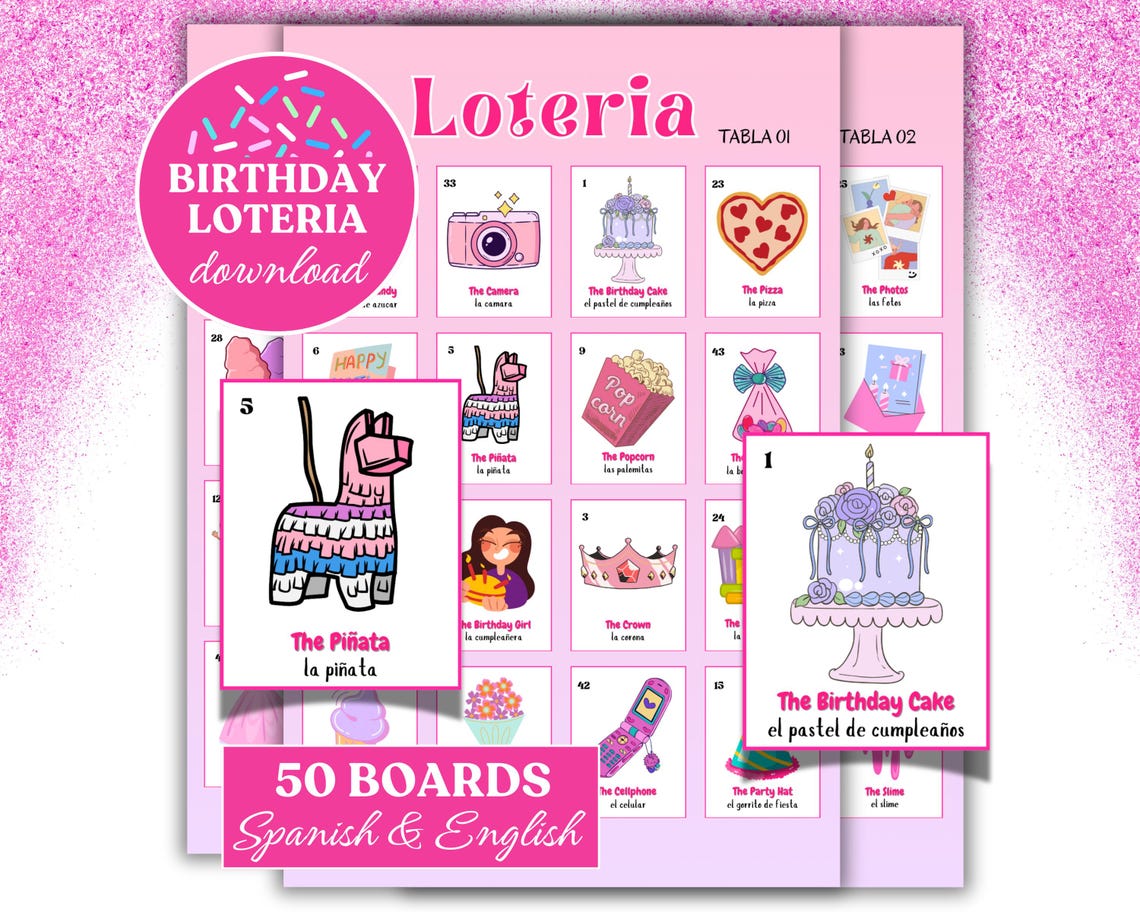 Birthday Girl Loteria Game 50 Players Spanish & English 54 Card Deck 50 ...