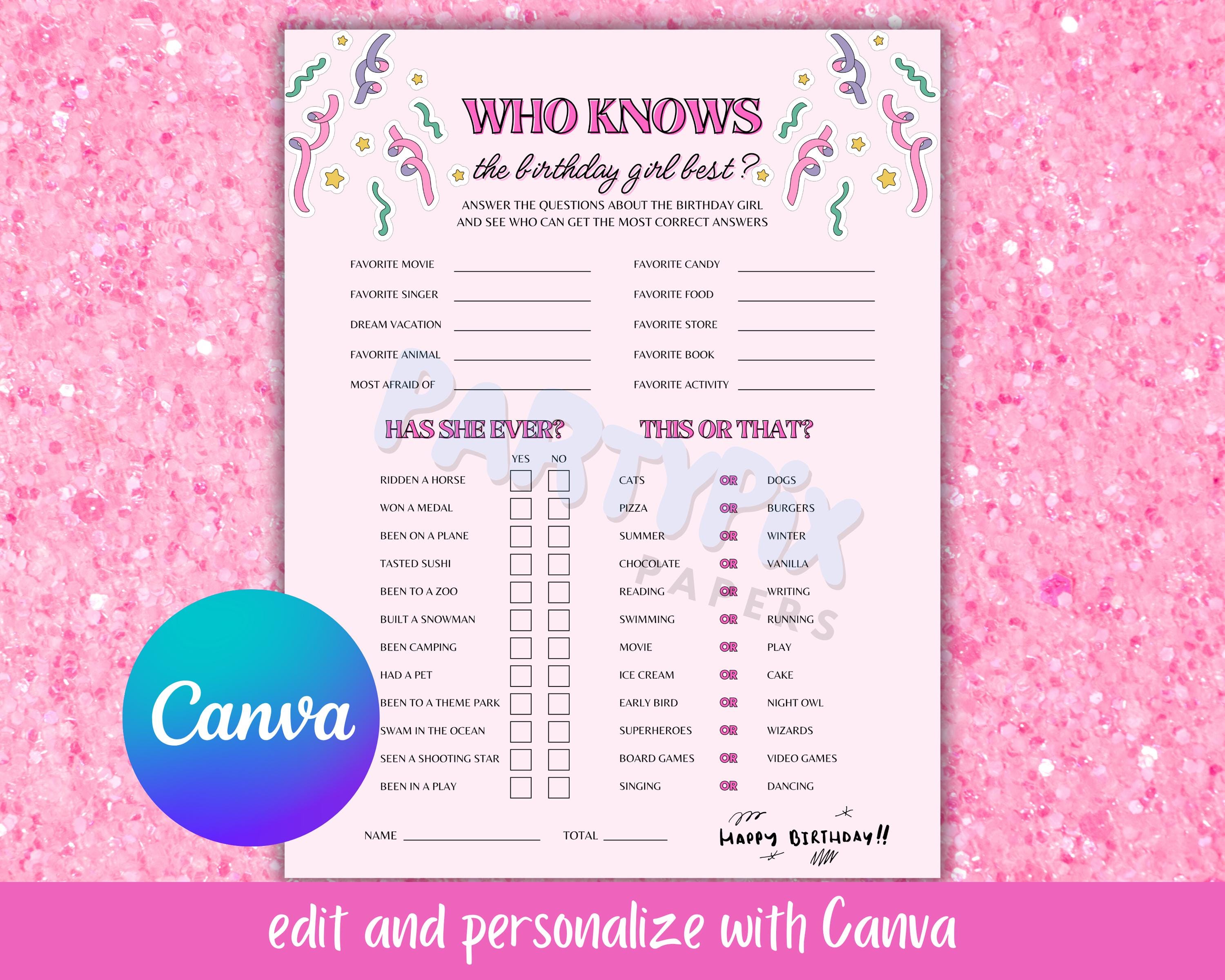 Editable Who Knows the Birthday Girl Best Canva Printable Birthday ...