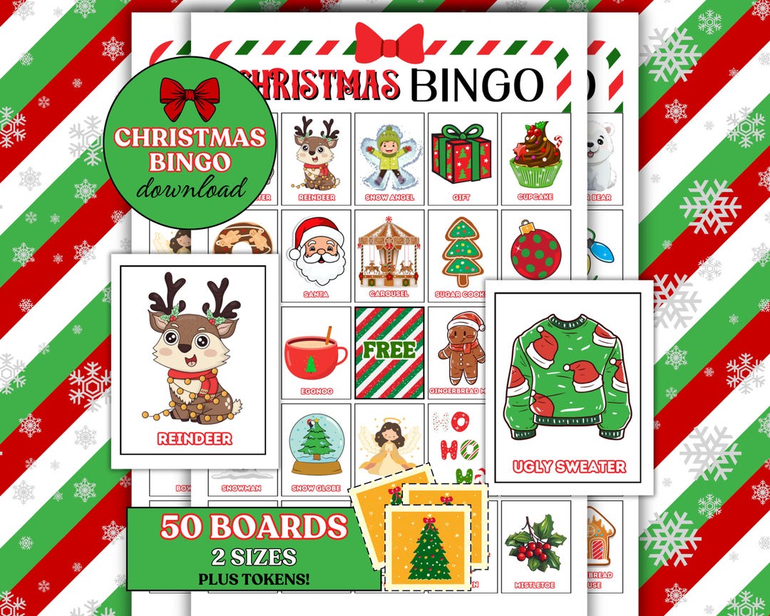 Christmas Bingo |50 Christmas Bingo Cards,54 Card Deck & Tokens ...