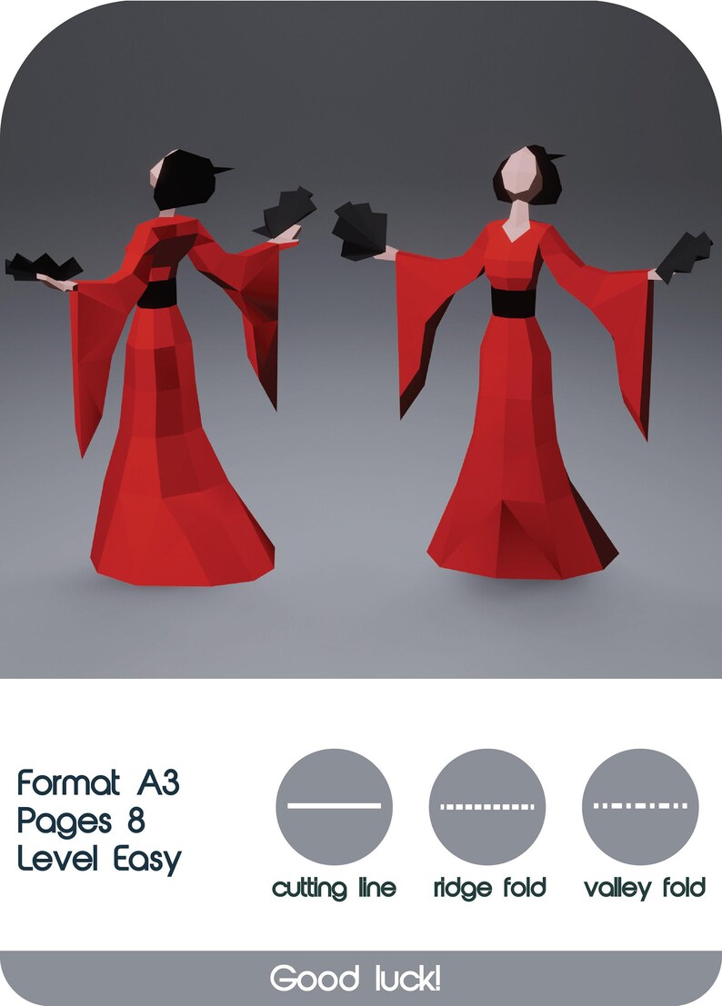 Papercraft Geisha (1) Japanese Woman, SVG, DXF, PDF, Low Poly ...