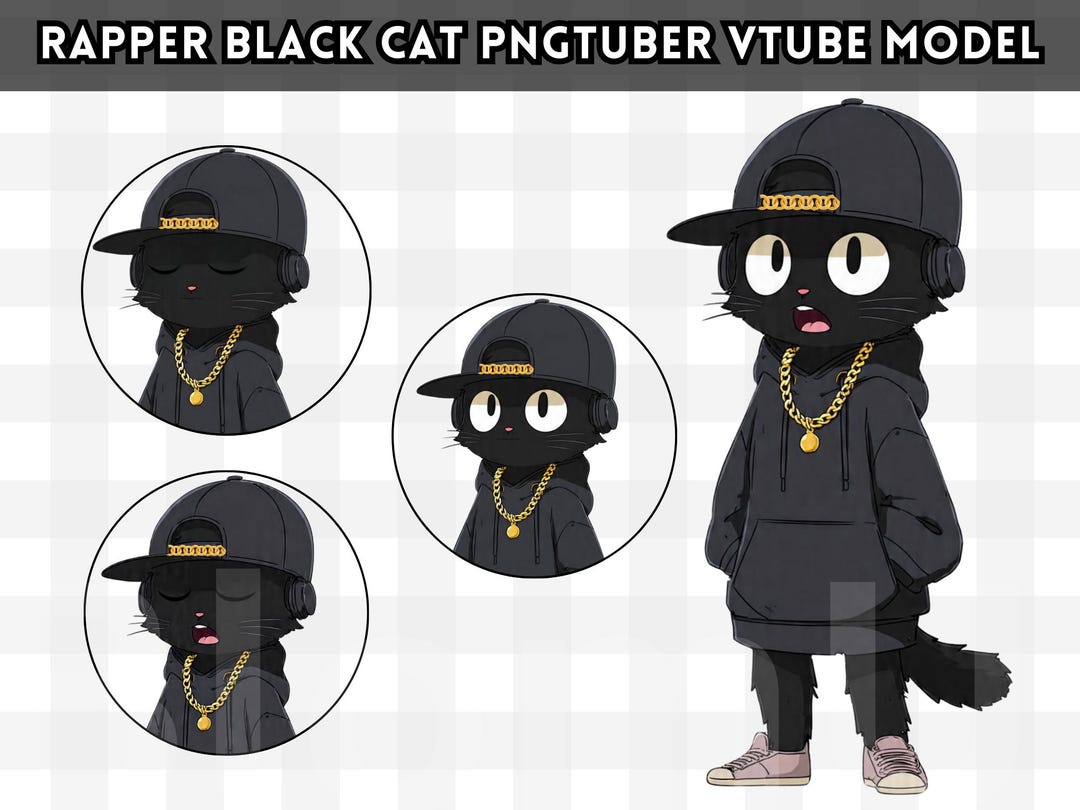 Modelo PNGTuber prediseñado masculino/ Rapero Gato negro PNG Tuber ...