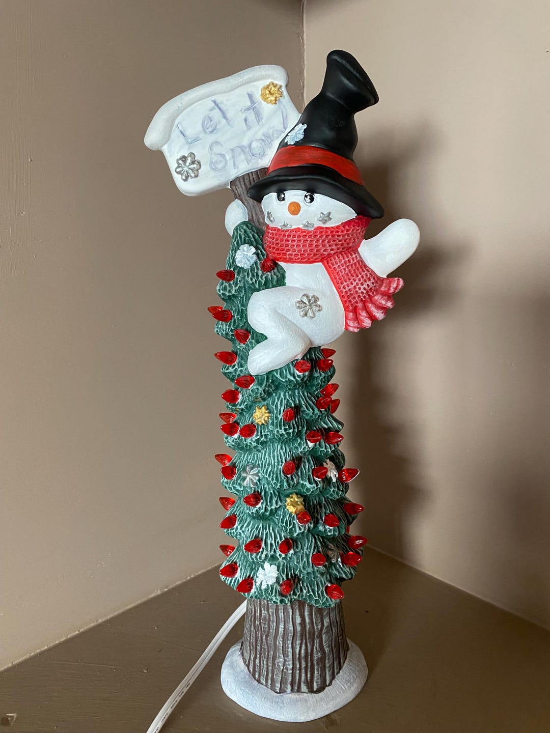 CERAMIC Tabletop SNOWMAN With a Christmas Tree With Multi-colored Lites ...