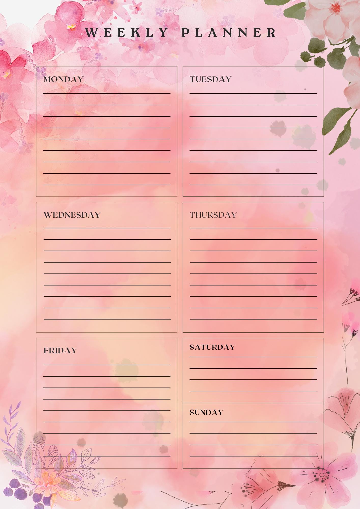 Pink Themed Printable Weekly Planner - Etsy