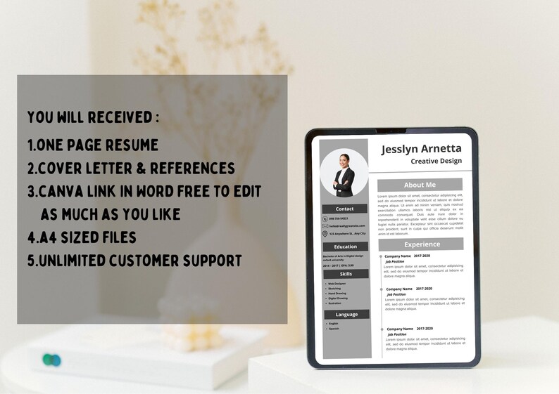 CV Template: 1 Page Resume With Photo, Editable in Canva, Simple and ...