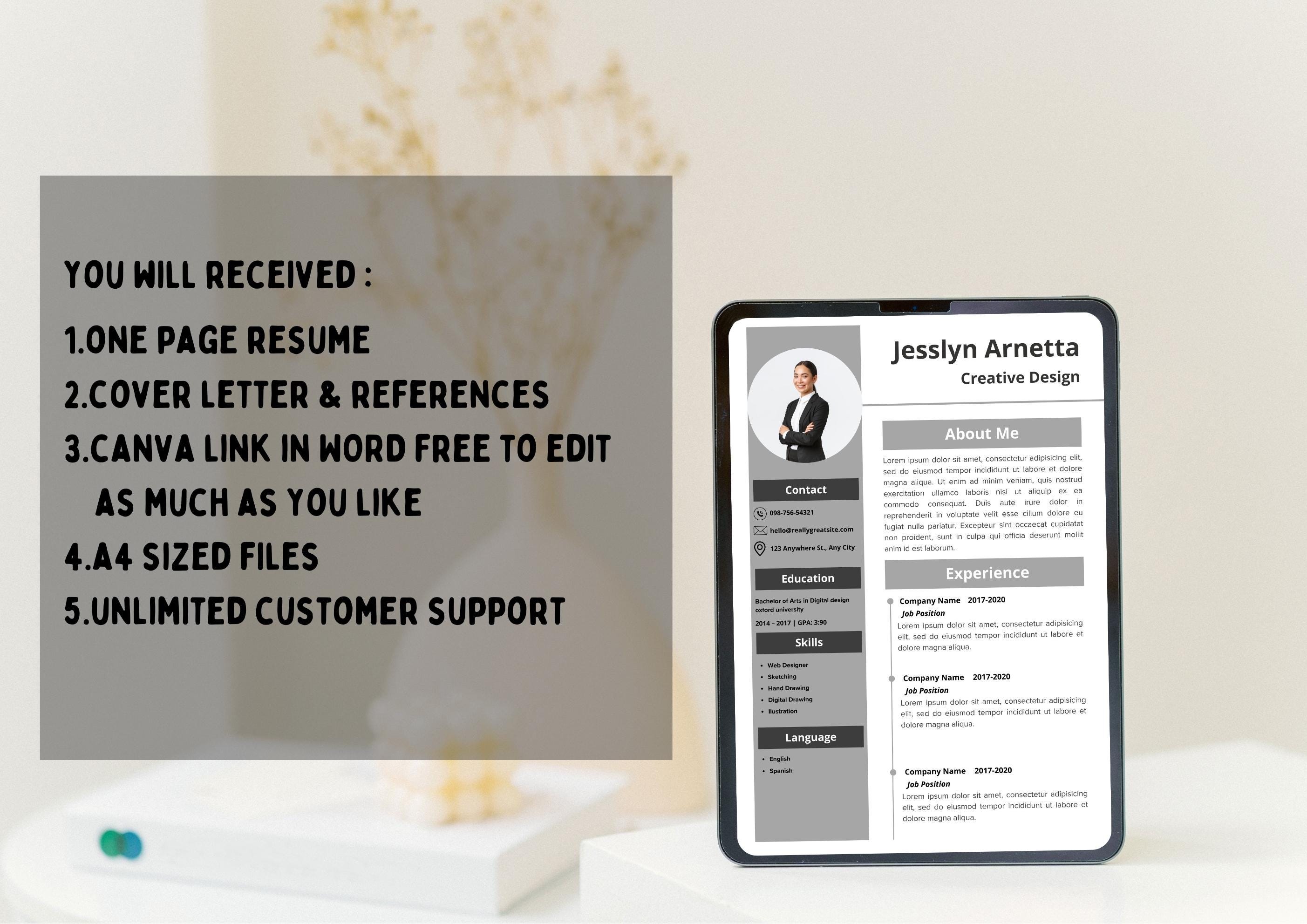 CV Template: 1 Page Resume With Photo, Editable in Canva, Simple and ...