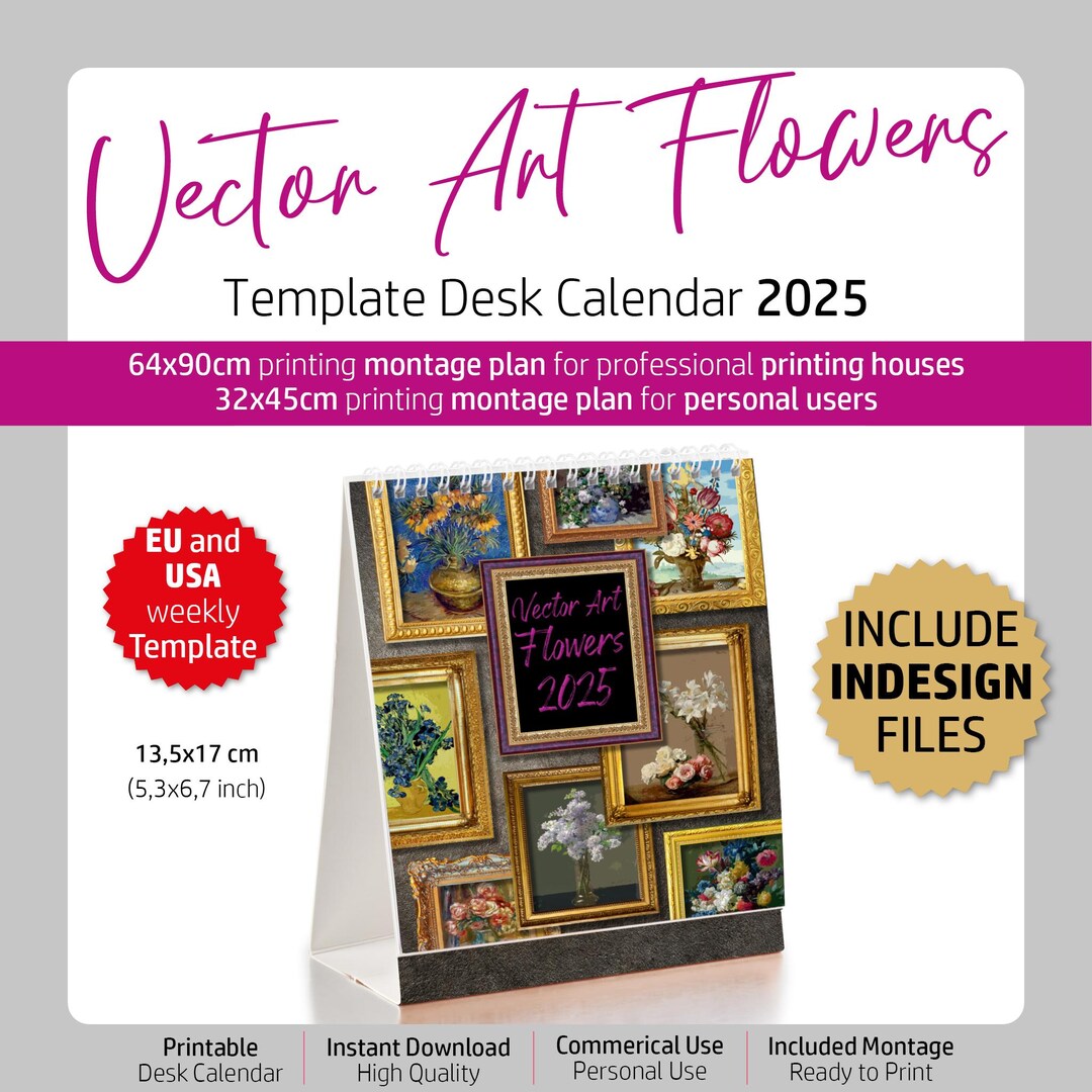 Vector Art Flowers Template Desk Calendar 2025, EU - USA Weekly ...