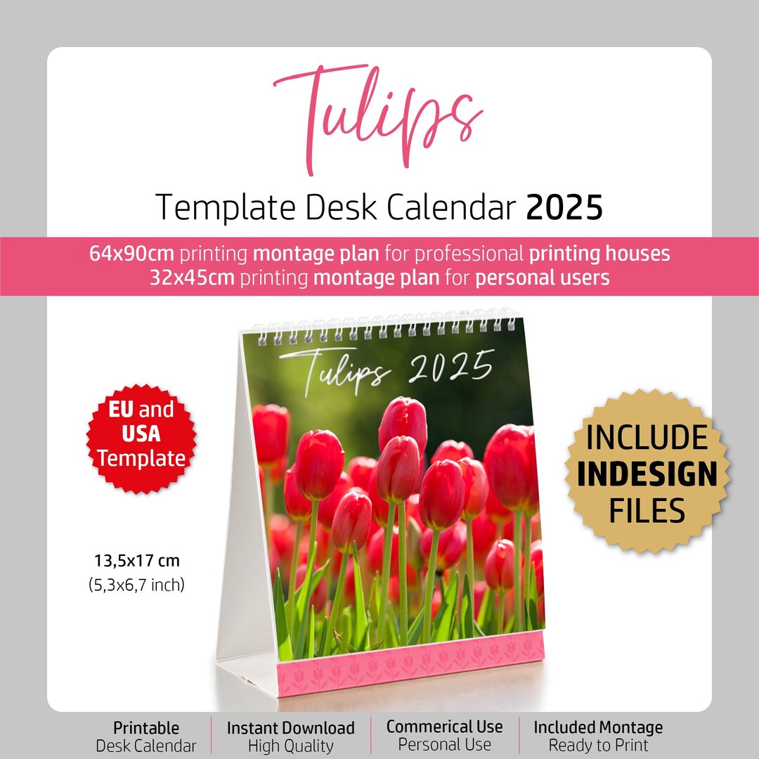 Tulips Template Desk Calendar 2025, Printable, 2025 Calendar, 2025 Desk ...