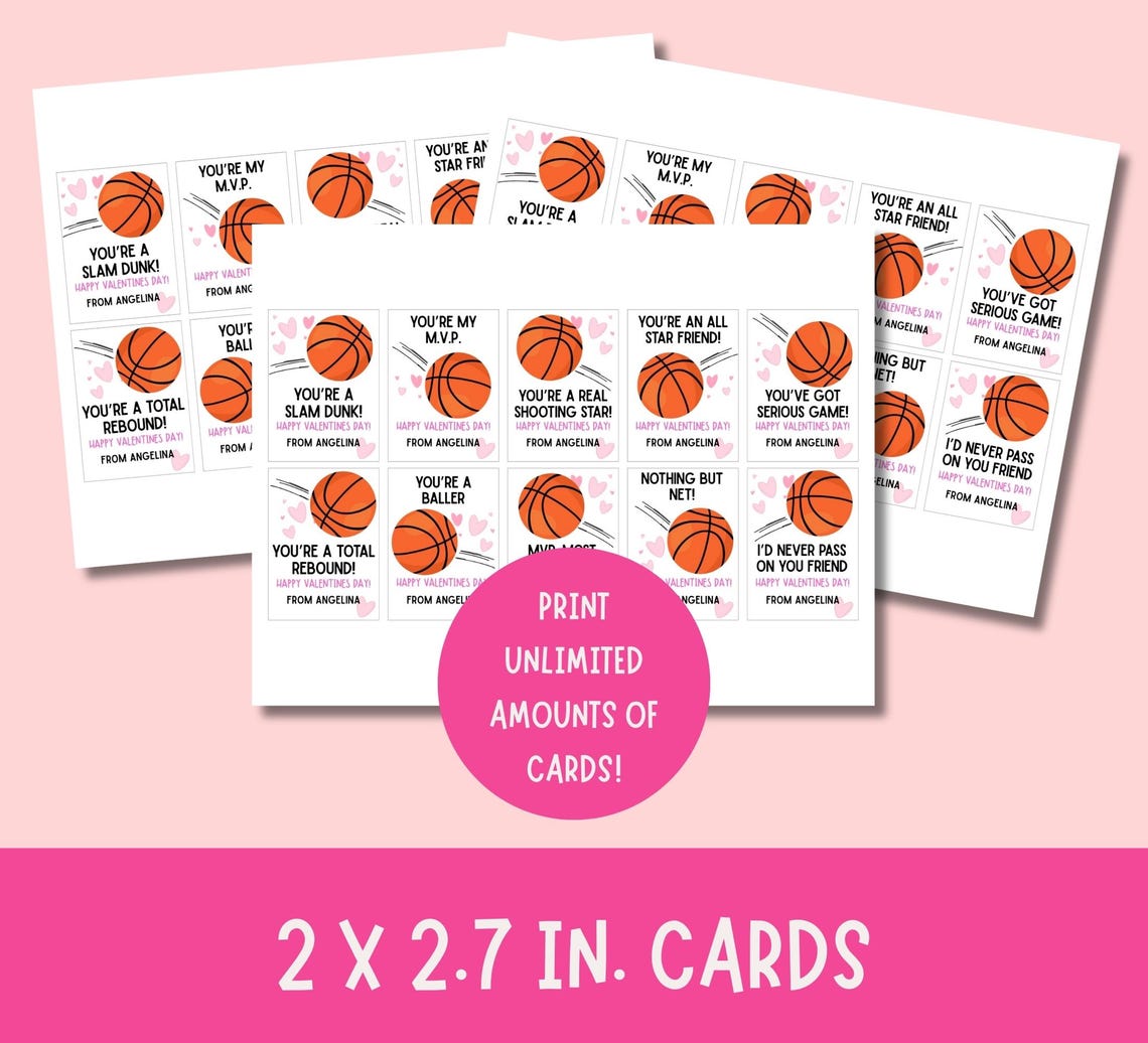 Basketball Valentines Cards, Sports Puns, Kids Valentine's Day (instant ...