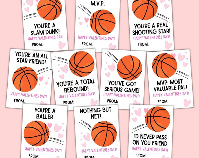 Basketball Valentines Cards, Sports Puns, Kids Valentine's Day (instant ...