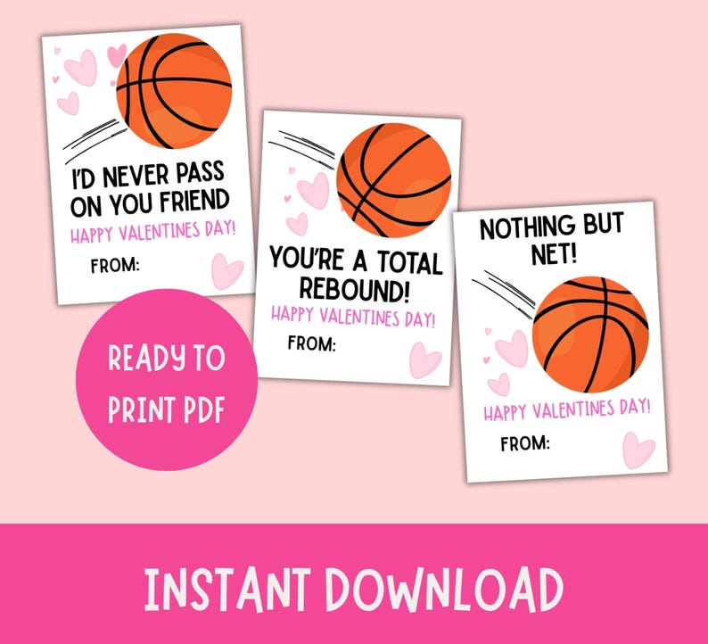 Basketball Valentines Cards, Sports Puns, Kids Valentine's Day (instant ...