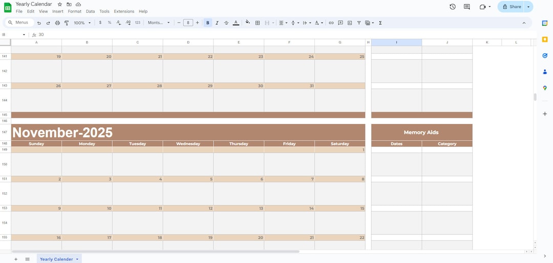 2025 Yearly Calendar Google Spread Sheet - Etsy