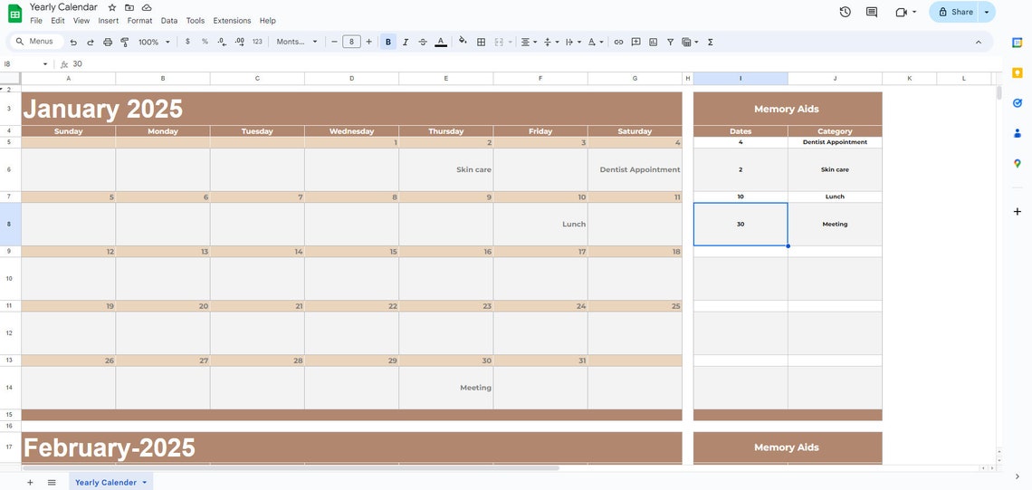 2025 Yearly Calendar Google Spread Sheet - Etsy