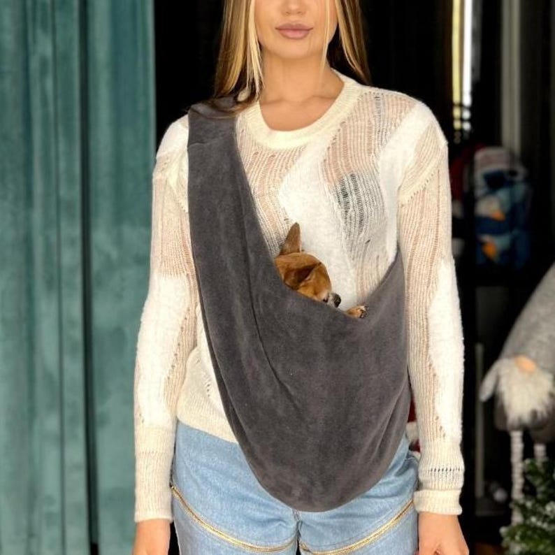 Olive Green Fleece Pet Carrier Sling, Hands-free Small Dog & Cat Sling ...