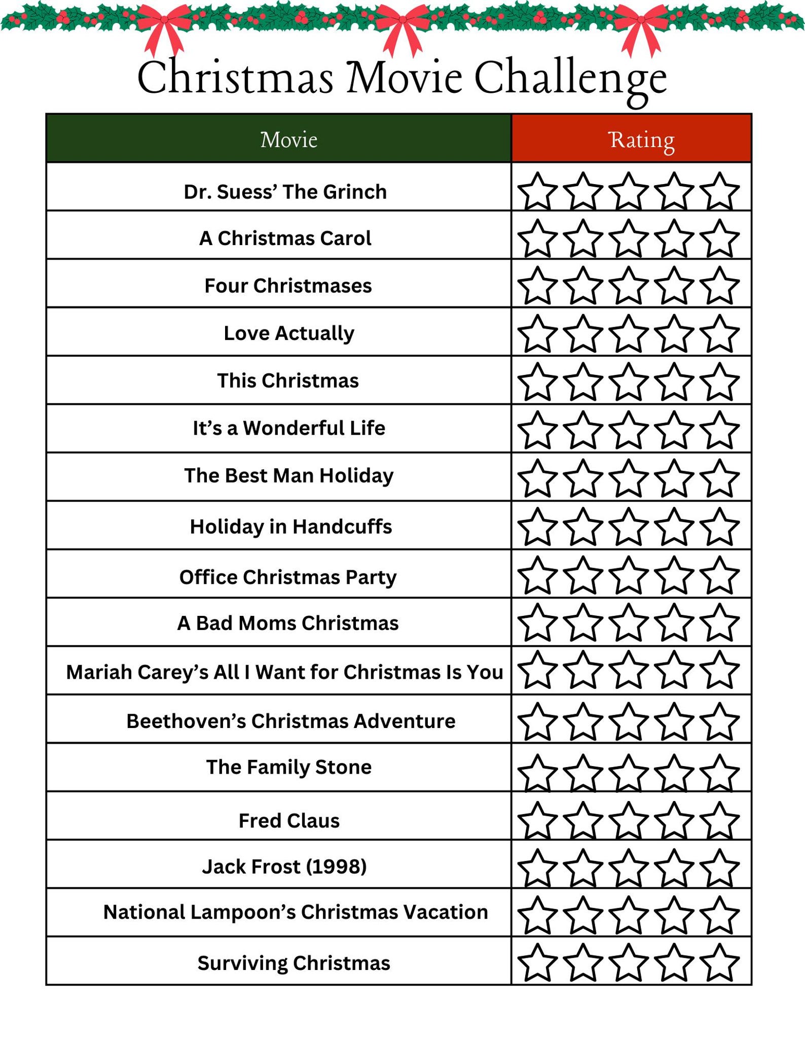 Christmas Movie Challenge Printable, Movie Challenge Printable, Cute ...