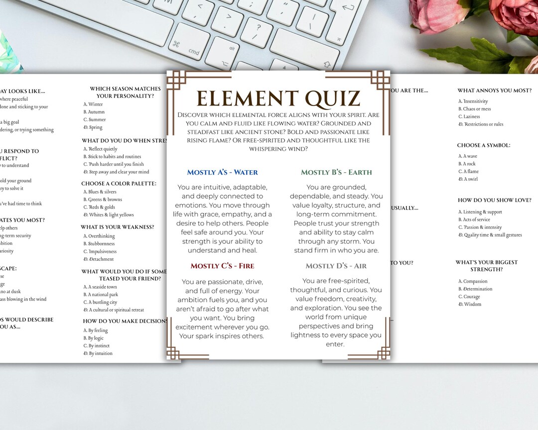 Printable Element Personality Quiz, Water Earth Fire Air Quiz - Etsy