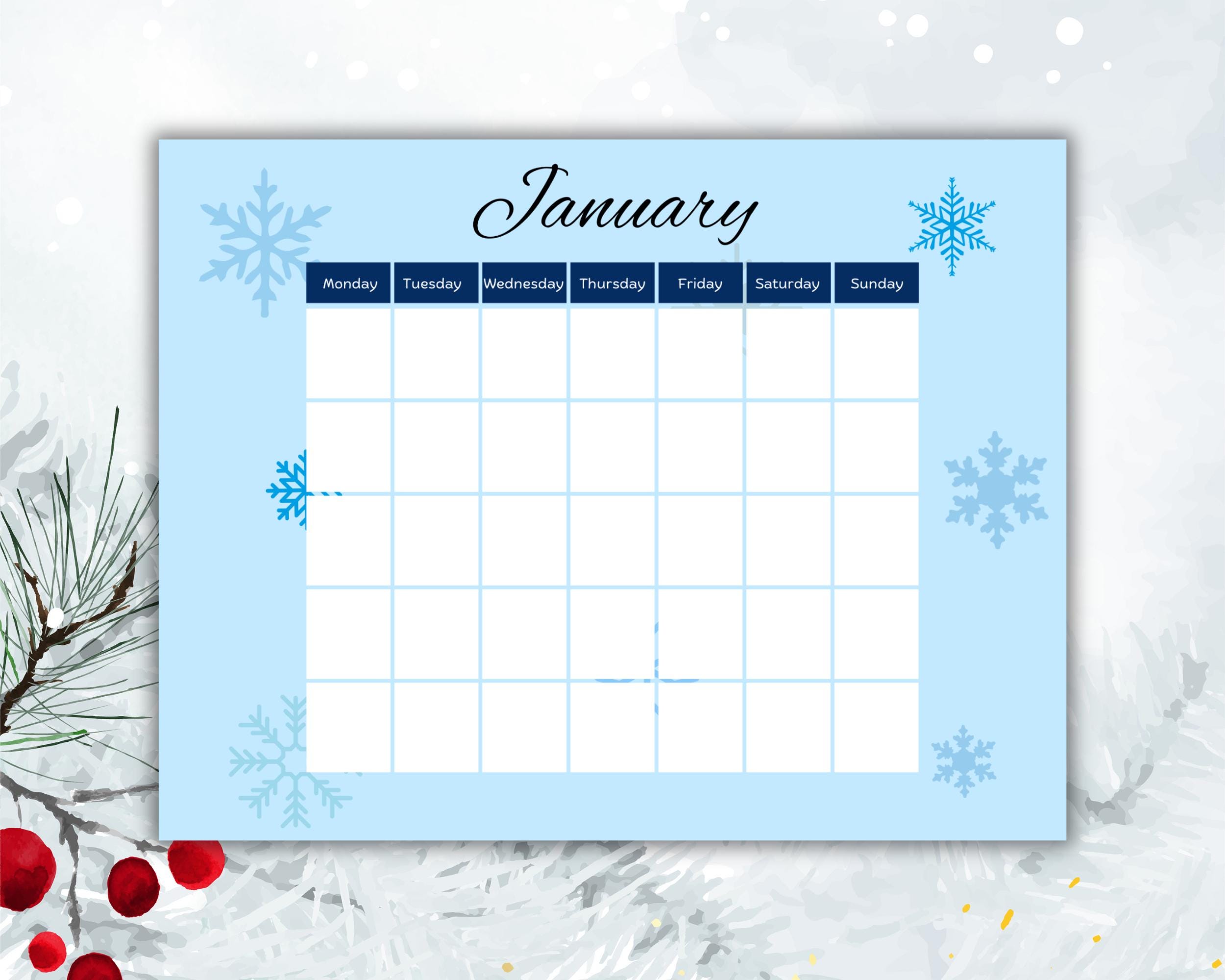 January Calendar, Calendar, Cute Calendar, Printable Calendar, Digital ...