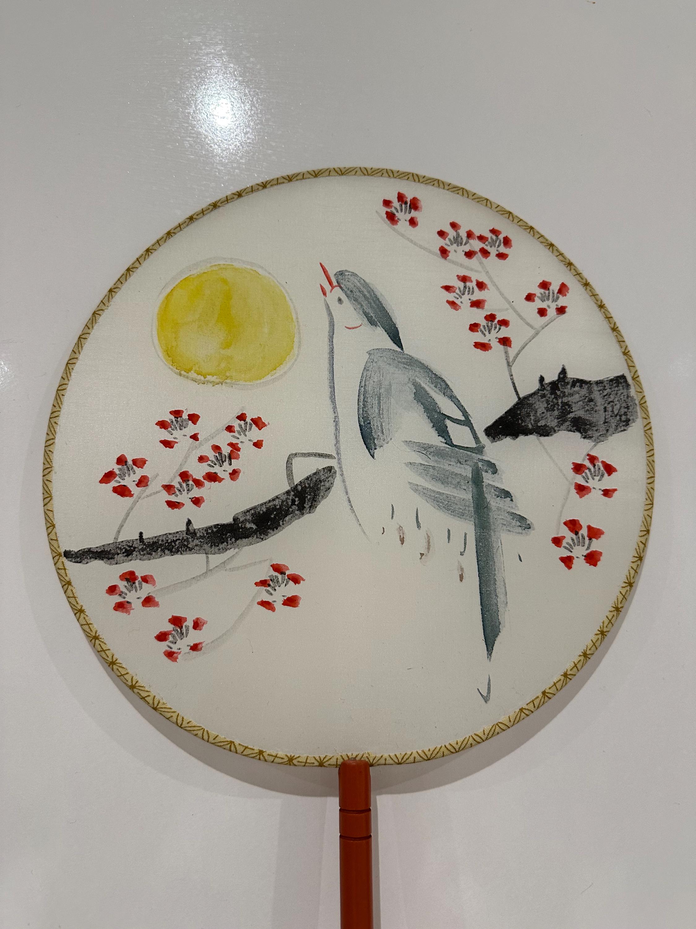 Chinese Silk Fan Bird and Blossoms Under the Moon, Hand-painted Fan ...