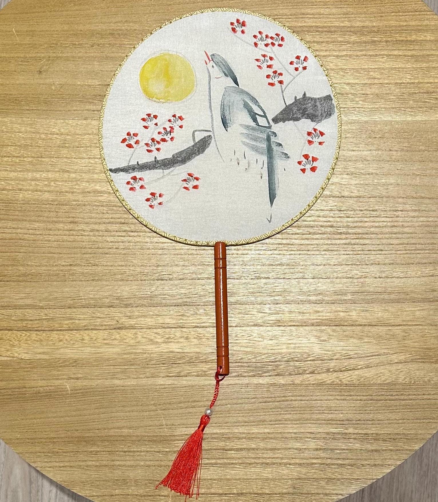 Chinese Silk Fan Bird and Blossoms Under the Moon, Hand-painted Fan ...