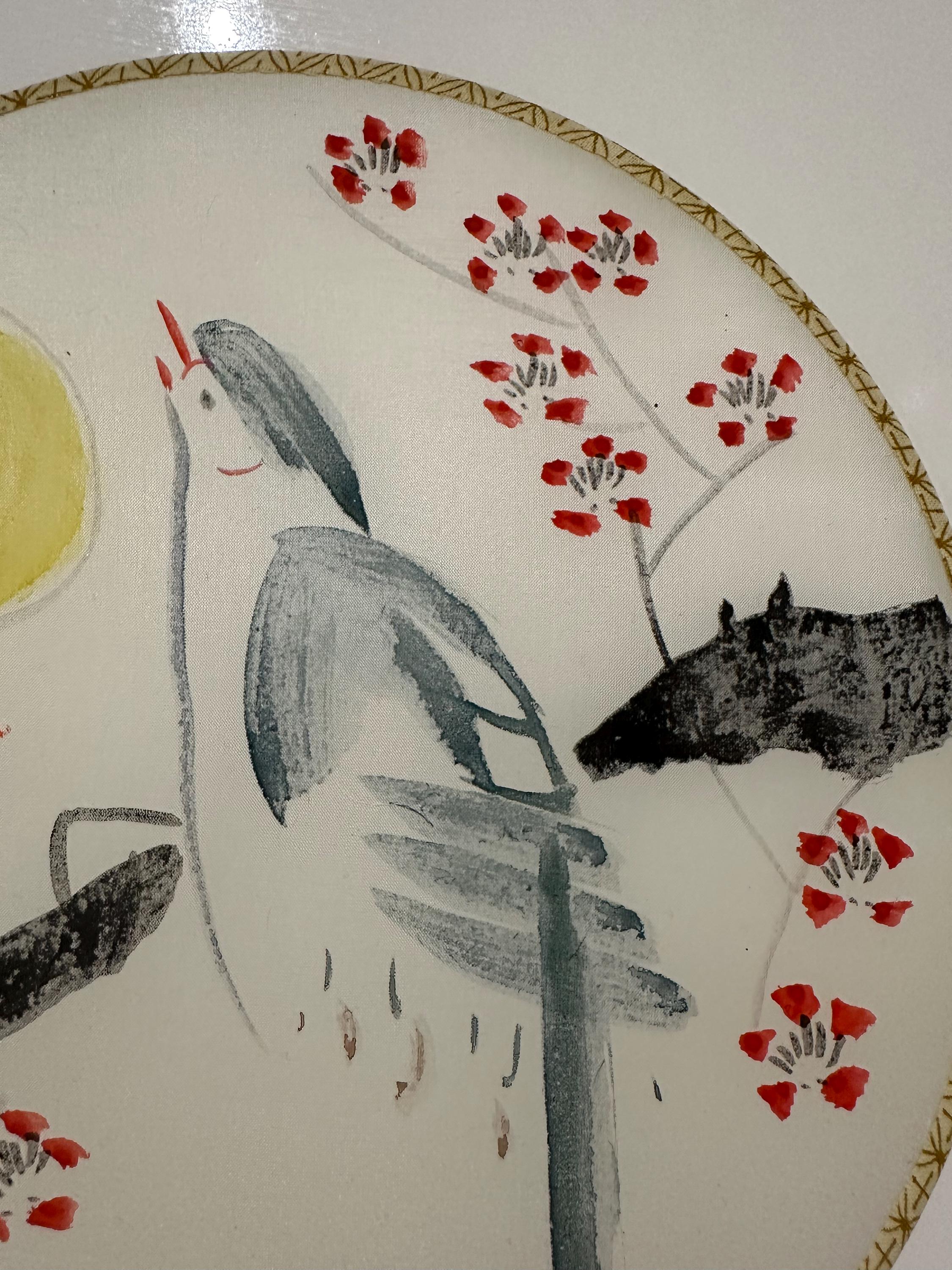 Chinese Silk Fan Bird and Blossoms Under the Moon, Hand-painted Fan ...