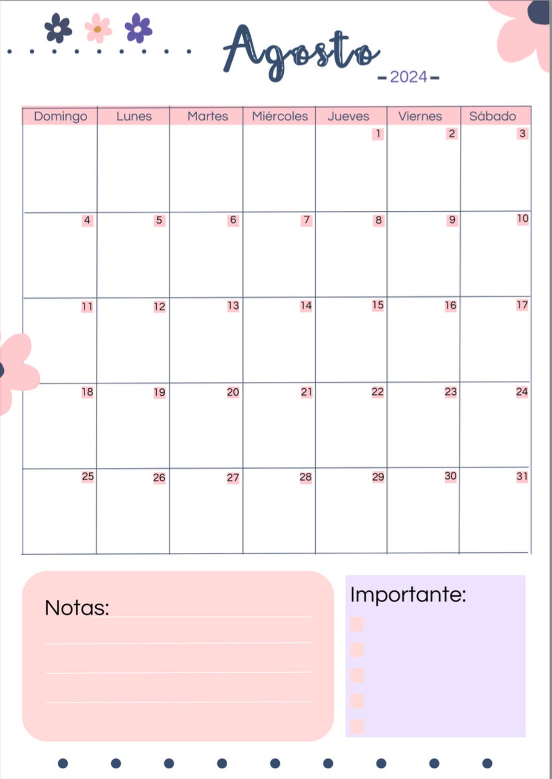 Agenda Floral Agosto 2024 a Julio 2025 Formato Mensual Y Semanal ...