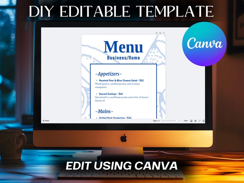 Dinner Menu Template, Printable Dinner Menu, Editable Dinner Menu ...