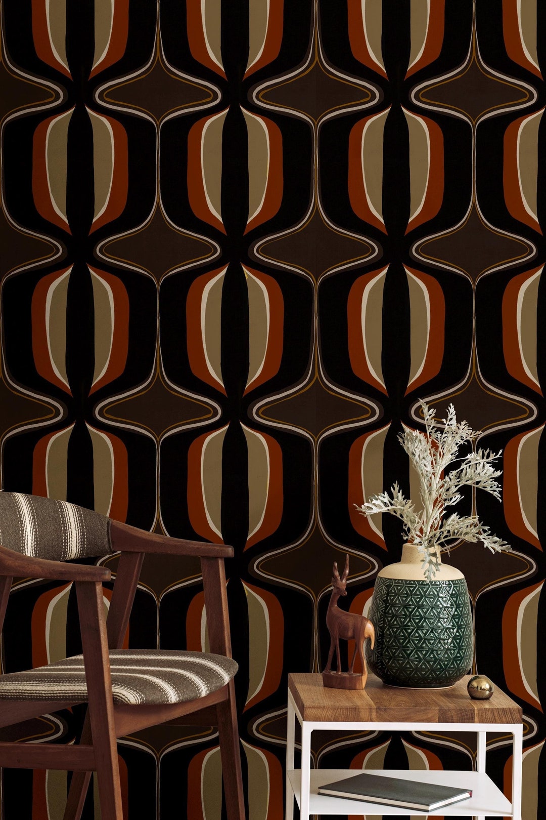 Retro Geometric Wallpaper - Bold Black and Orange Wallcovering for ...