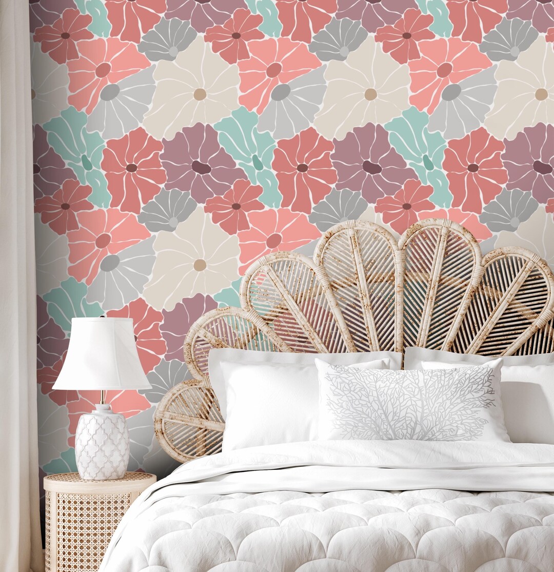 Funky Floral Wallpaper, Abstract Flowers Peel and Stick, Pastel Blooms ...