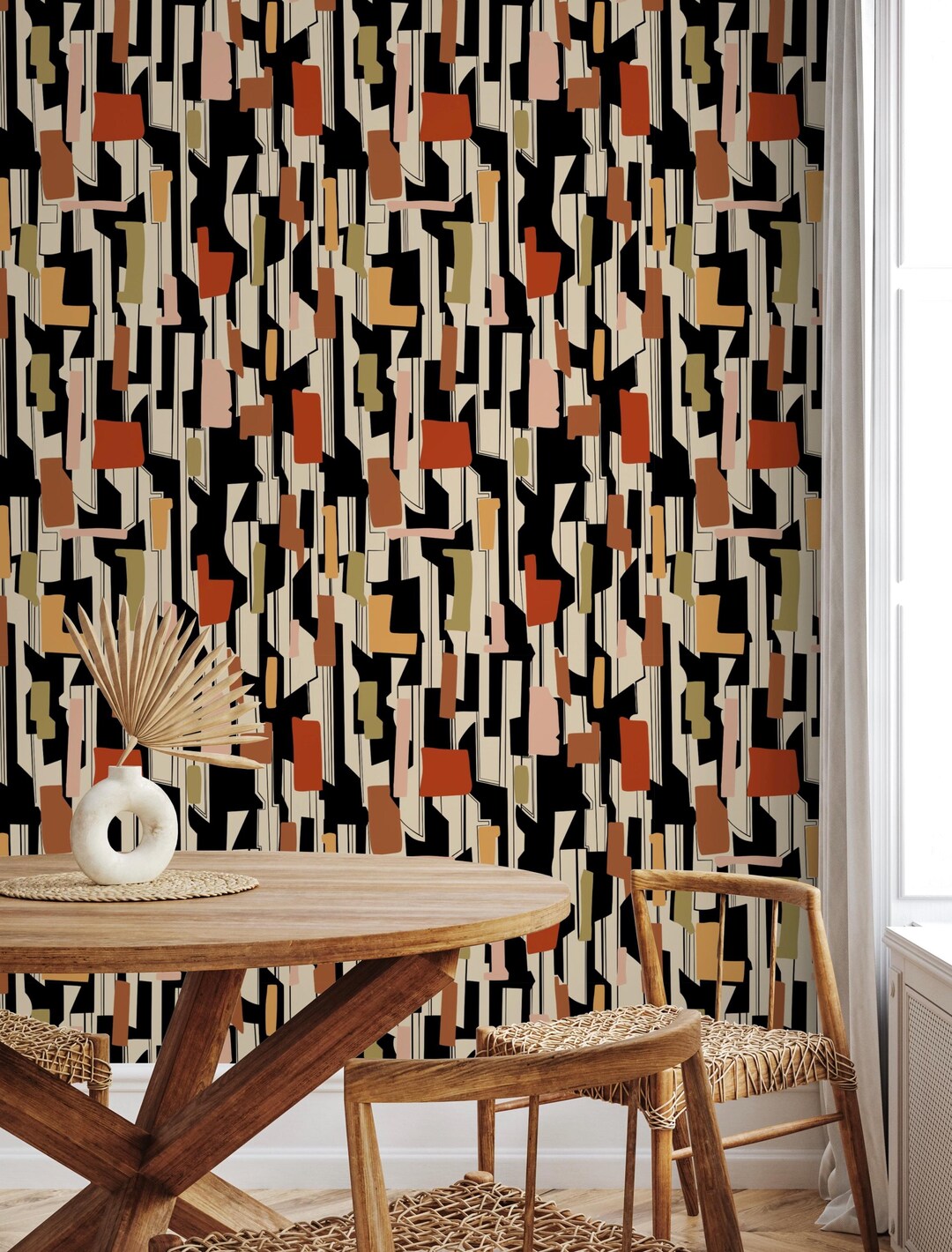 Retro Abstract Shapes Wallpaper, Colorful Geometric Peel and Stick ...
